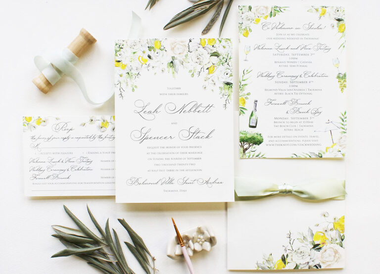 White Floral and Lemon Wedding Invites - Momental Designs