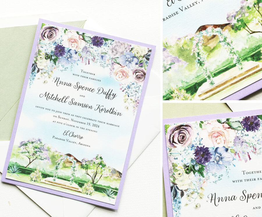 Lavender Floral and Landscape Wedding Invitations - Momental Designs